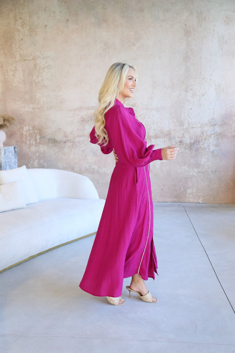 Magenta Long Sleeve 'Whimsical' Boho Maxi Dress with Pockets and Belt ...